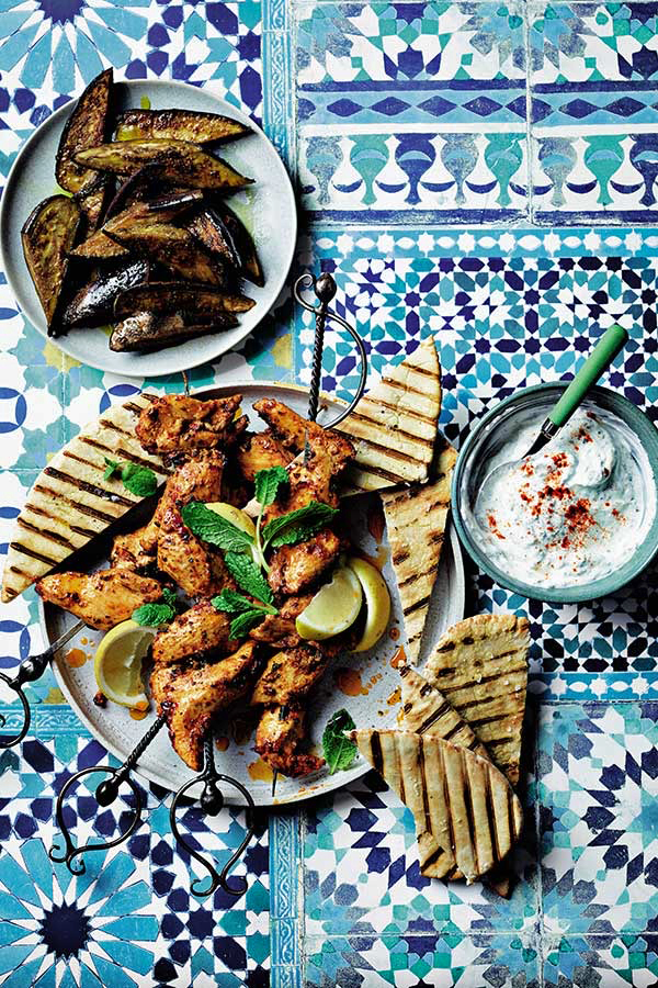 Harissa Lemon Chicken Skewers with Cumin-Glazed Aubergines - Ainsley ...