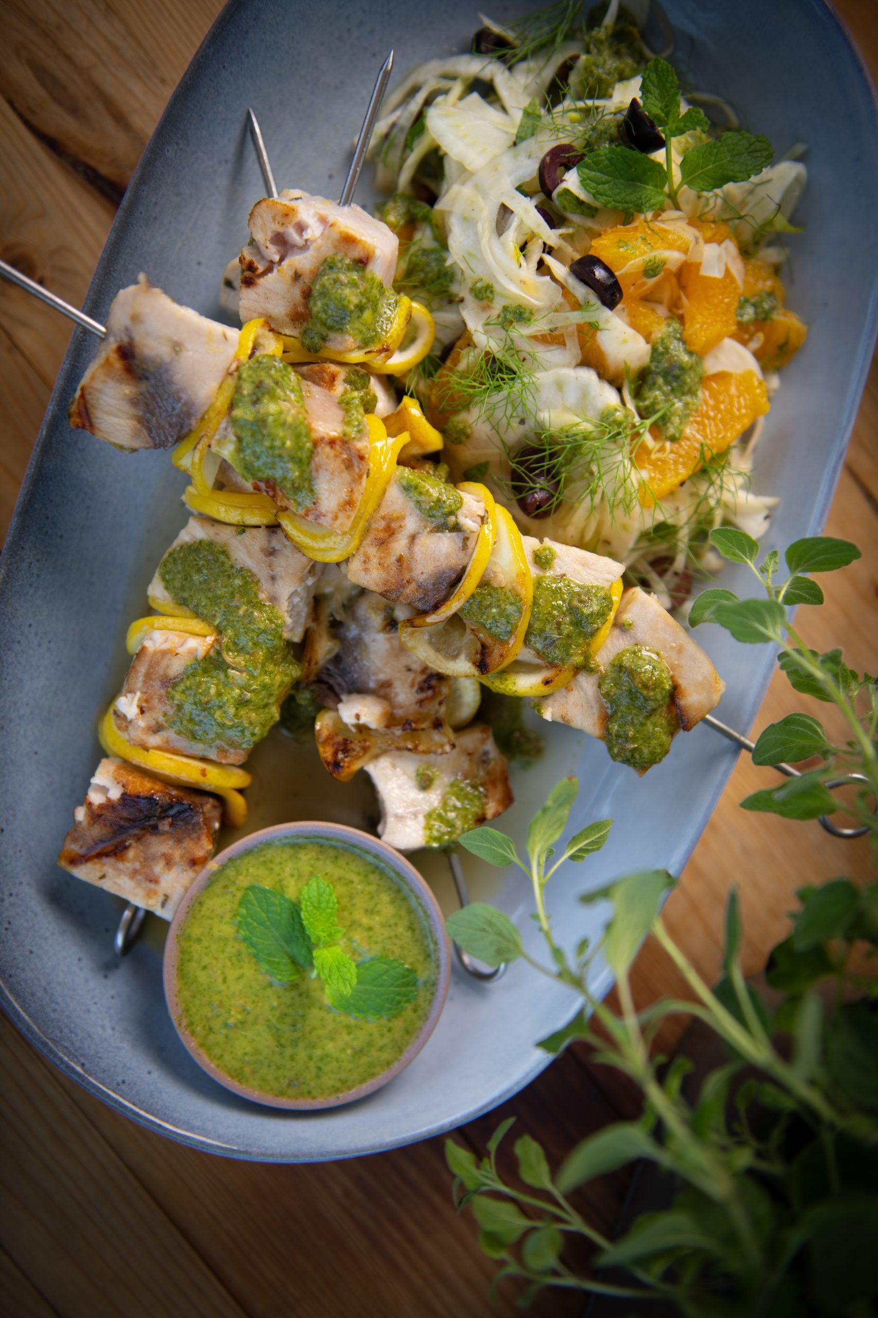 Chargrilled Fish Skewers & Zingy Lemon Salsa with Fennel & Orange Salad ...