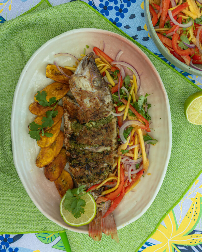 Whole Snapper with Bahamian Seasoning, Mango & Papaya Salad & Fried ...
